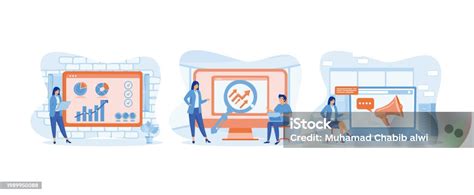 그래프를 분석하는 여자 비즈니스 목표를 달성하기 위한 차트 및 마케팅 전략 계획 디지털 마케팅 및 홍보 디지털 마케팅 세트 평면 벡터 현대 일러스트 레이 션 돈벌이에 대한