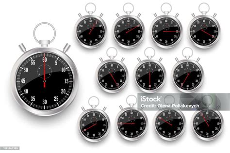 사실적인 클래식 스톱워치 다이얼이 있는 시간 카운터 반짝이는 메탈 크로노미터 카운트 다운 타이머 분과 초 벡터 그림입니다 에피소드 10 2에 대한 스톡 벡터 아트 및 기타