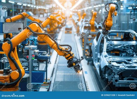 Precision Robotic Arms Carry Out Intricate Tasks On A Car Assembly Line Enhancing Production