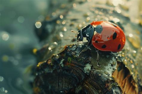 Premium Photo Macro Shot Of A Wet Ladybug On A Mossy Log Nature And Wildlife Concept