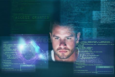 Night Hologram And Man With Focus Programmer And Code With Software Analytics And Cyber