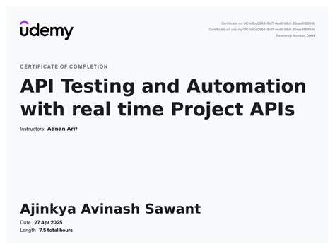 My Course Completion Certificate For Api Testing And Automation With Real Time Project Apis