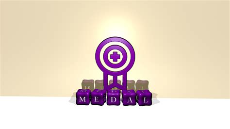 개념 의미와 슬라이드 쇼 프리젠 테이션을위해 거울 바닥에 금속 입방 문자로 정렬 된 벽에 아이콘과 텍스트와 메달의 3d 표현