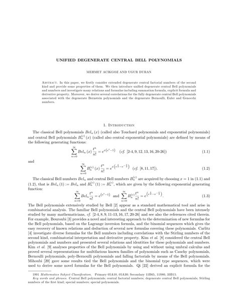 Pdf Unified Degenerate Central Bell Polynomials