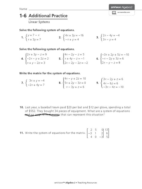 16 Additional Practice Pdf System Of Linear Equations Equations