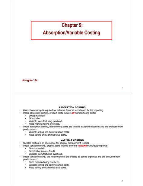 MA Variable Costing Chapter 9 Chapter 9 Absorption Variable Costing H 13 1 Horngren 13 E