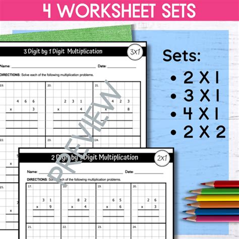 Standard Algorithm Multiplication Worksheets 2x1 3x1 4x1 And 2x2 Digits Made By Teachers