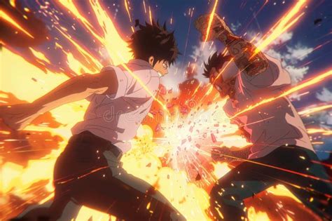 Intense Animated Battle Scene With Explosive Action Between Two Male