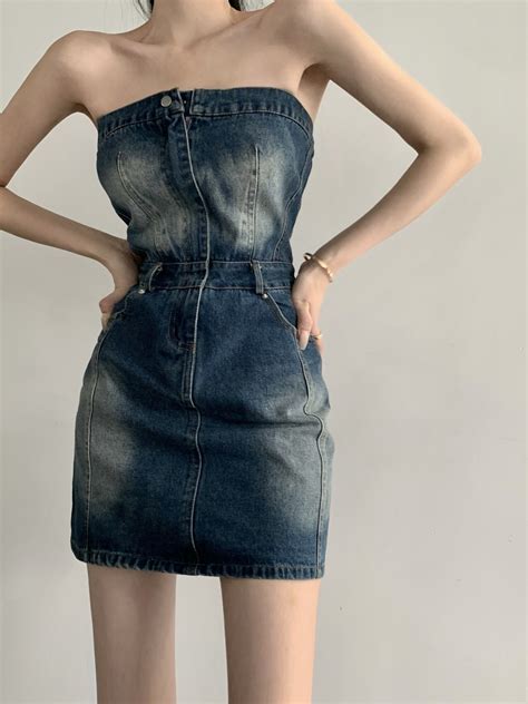 레트로 데님 슬림핏 미니 탑 원피스 여행룩 촬영룩 데이트룩 해변룩