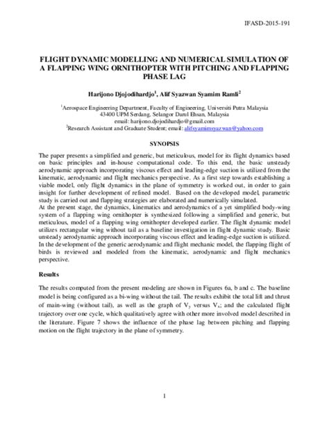 Pdf Flight Dynamic Modelling And Numerical Simulation Of A Flapping