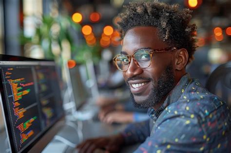 Smiling Black Man Coding On A Computer In An Office Setting Premium
