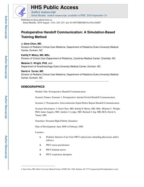 Pdf Postoperative Handoff Communication A Simulation Based Training