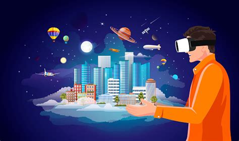 3d 안경을 쓴 가상 현실의 남자는 시뮬레이션된 도시를 손에 들고 있다 Vr 헤드셋 게임 개념입니다 세계 공간의 디지털 시뮬레이션 메타버스 혁신적인 기술 배경 벡터 그림 3