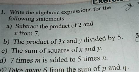 1 Write The Algebraic Expressions For The Following Statementsna