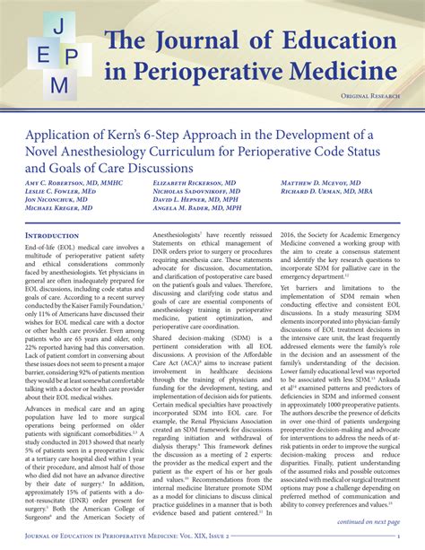 Pdf Application Of Kerns 6 Step Approach In The Development Of A Novel Anesthesiology
