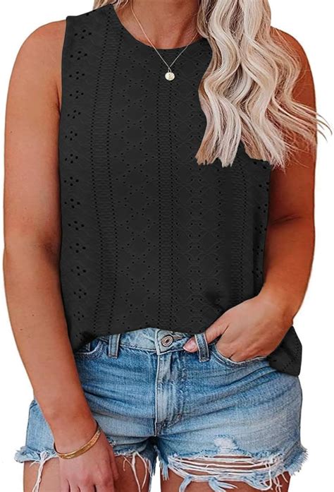 Vislily Womens Plus Size Tank Tops Summer Sleeveless Eyelet Shirts Round Neck Tunics Flowy