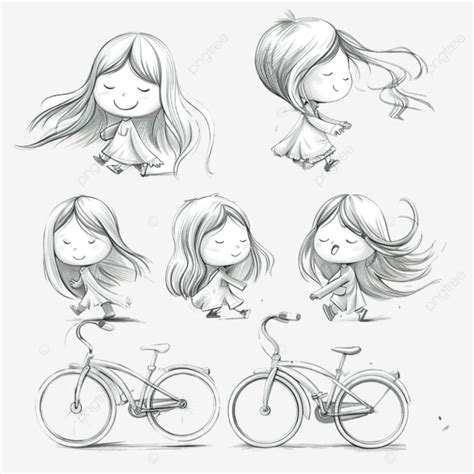긴 머리 캐릭터 디자인의 어린 소녀 세트 다양한 포즈와 표정 행복한 자전거를 타고 구불구불한 길을 따라 내려오세요 얼굴에 닿는