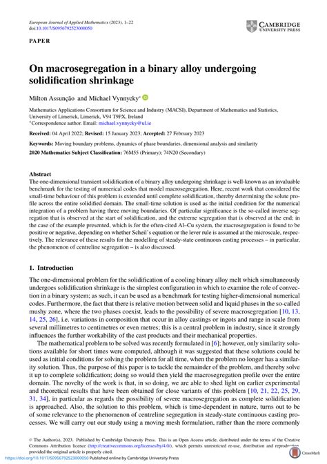 Pdf On Macrosegregation In A Binary Alloy Undergoing Solidification