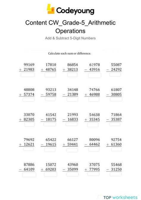 content cw add and subtract 5 digit numbers interactive worksheet topworksheets