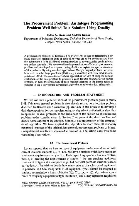 Pdf The Procurement Problem An Integer Programming Problem Well