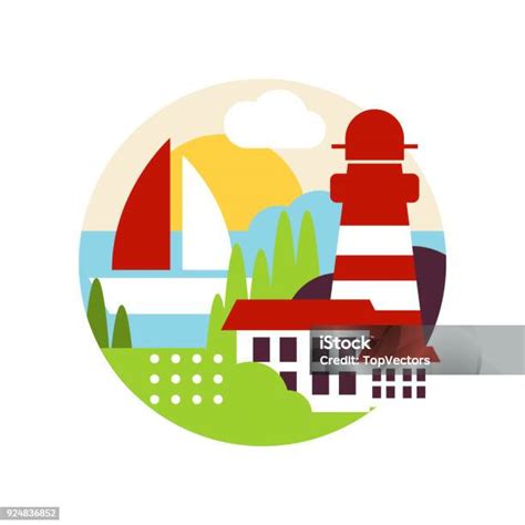 로고 원에서 배 등 대와 크리에이 티브 풍경 건축 랜드마크 서명 흰색 배경에 휘장 또는 배지 벡터 일러스트 레이 션에 대 한