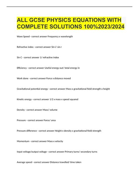 ALL GCSE PHYSICS EQUATIONS WITH COMPLETE SOLUTIONS 100 2023 2024 AQA Stuvia US