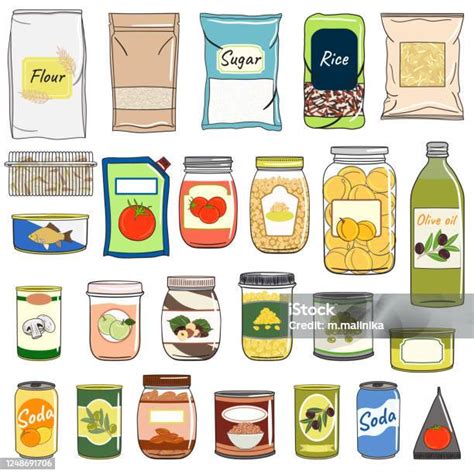 선반에 통조림 식품 세트 캔 유리 항아리 금속 용기 시리얼 팩에 보존 된 식품 식료품 저장실에 대한 스톡 벡터 아트 및 기타 이미지 식료품 저장실 음식 재료 주석
