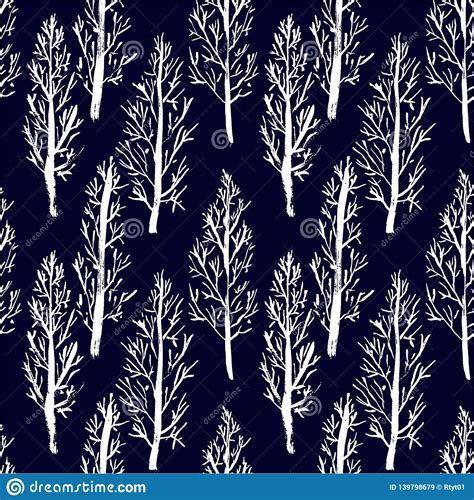 Seamless Pattern With Naked Trees Hand Drawn Grunge Ink Background Vector Illustration Stock