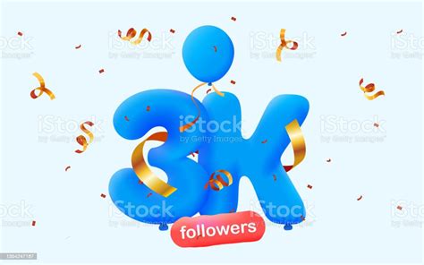 3k 팔로워가 있는 배너는 3d 블루 풍선과 소셜 미디어 사인이있는 다채로운 색종이 형태로 감사합니다 소셜 미디어 3000 팔로워 블로거 개념에 대한 벡터 일러스트 3d