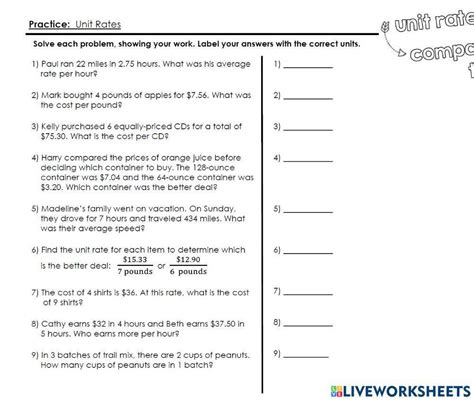 Unit Rates Practice Worksheet Live Worksheets Worksheets Library