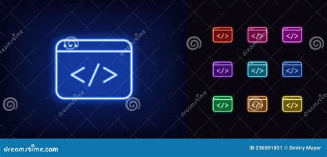 Outline Neon Coding Icon Glowing Neon App Window With Code Sign Web Development Pictogram