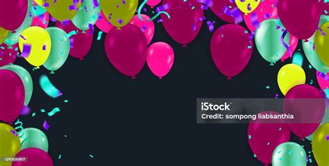 사실적인 비행 헬륨 풍선과 인사 디자인 풍선 색상 축하 축제 배경 인사말 배너 카드 포스터 고무에 대한 스톡 벡터 아트 및 기타 이미지 Istock