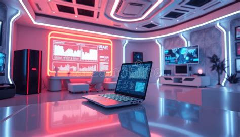 a modern workspace featuring a laptop data displays and sleek