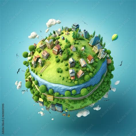Earth Globe With Greenery And Blue Water With Buildings And Houses World In A Cartoon Style