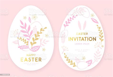 꽃 장식 요소와 토끼 귀가있는 행복한 부활절 달걀 초대장 디자인 플랫 스타일 현대 부활절 배경입니다 인사말 카드 또는 포스터 벡터 그림 3월에 대한 스톡 벡터 아트 및 기타