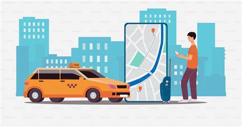 온라인 택시 서비스 앱 만화 남자가 자동차 지도 경로를 보고 도시 풍경을 배경으로 노란색 택시 근처에 서 있는 플랫 배너 격리된 벡터 그림입니다 벡터