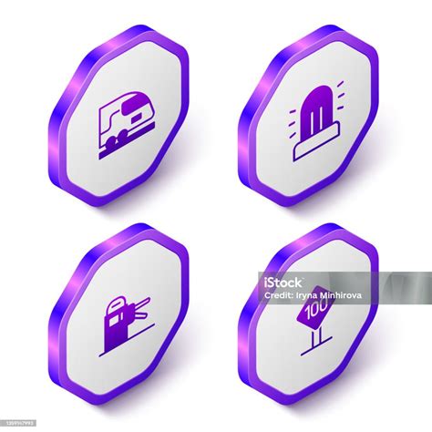 등극 고속 열차 점멸 사이렌 턴스타일 및 속도 제한 교통 표지판 100km 아이콘을 설정합니다 보라색 육각 버튼 벡터 3차원 형태에 대한 스톡 벡터 아트 및 기타 이미지