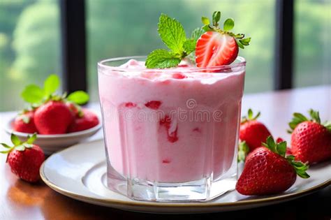 Strawberry With Creamy Custard On A Wood Surface Stock Illustration Illustration Of