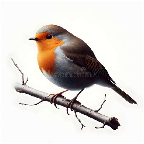 Detailed Realistic Robin Perched On A Thin Bare Twig With Sharp Focus