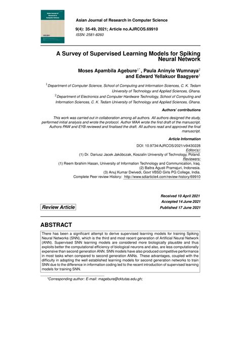 Pdf A Survey Of Supervised Learning Models For Spiking Neural Network