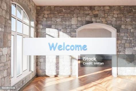 아치형 창문과 미니멀한 인테리어 거실 디자인이 있는 호화로운 로프트 아파트에 서 있는 공중에 떠 있는 검색 상자 텍스트 3d 일러스트레이션 0명에 대한 스톡 사진 및 기타