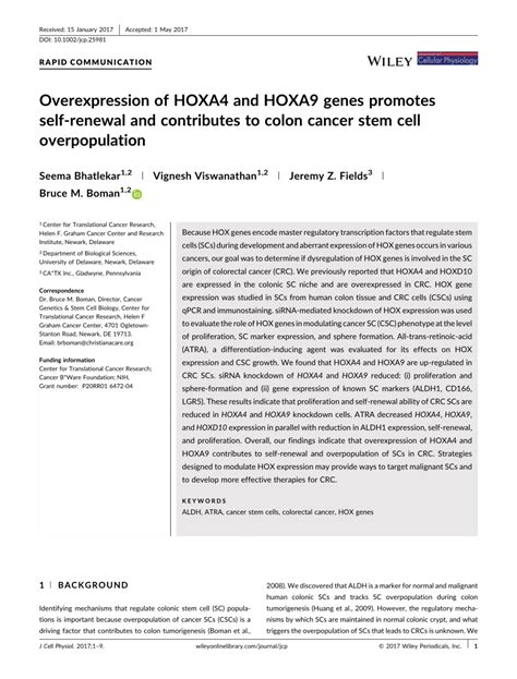 Pdf Overexpression Of Hoxa4 And Hoxa9 Genes Promotes Self Renewal And