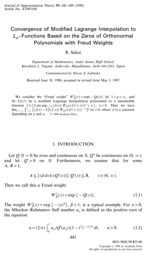 Pdf Convergence Of Modified Lagrange Interpolation To L P Functions Based On The Zeros Of