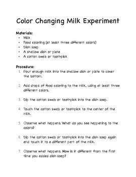 Color Changing Milk Experiment By Curt S Journey Tpt