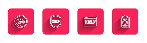 회선 전화 24 시간 지원 텍스트 도움말이있는 방패 브라우저 도움말 및 긴 그림자가있는 체크리스트 서비스 빨간색 사각형 버튼 벡터 24에 대한 스톡 벡터 아트 및 기타