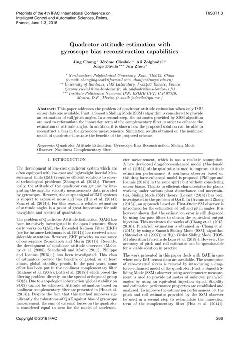 Pdf Quadrotor Attitude Estimation With Gyroscope Bias Reconstruction