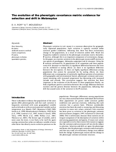 Pdf The Evolution Of The Phenotypic Covariance Matrix Evidence For Selection And Drift In