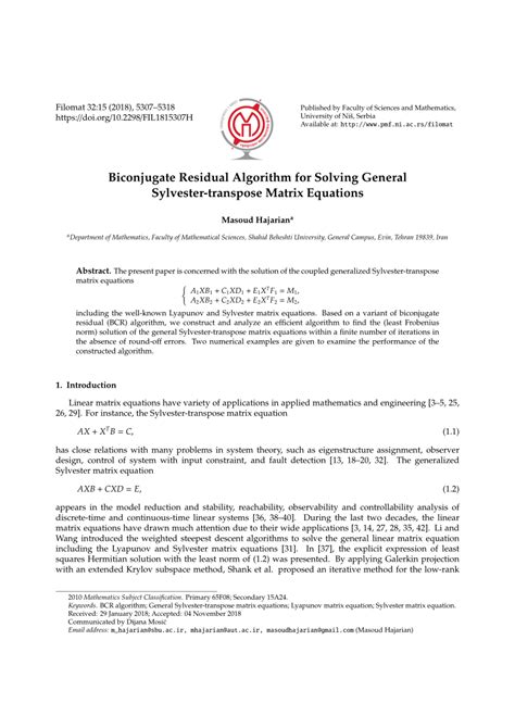 Pdf Biconjugate Residual Algorithm For Solving General Sylvester