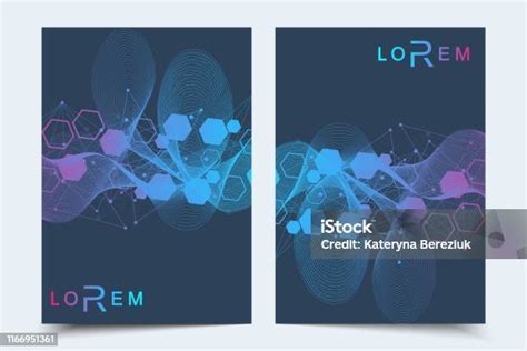 과학 브로셔 디자인 템플릿 벡터 전단지 레이아웃 연결된 선과 점이있는 분자 구조 잡지 전단지 표지 포스터 디자인을위한 요소와