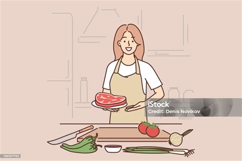 도마와 야채가 있는 식탁 근처에 서 있는 생고기 스테이크를 들고 요리하는 여자 가정 주방에 대한 스톡 벡터 아트 및 기타 이미지